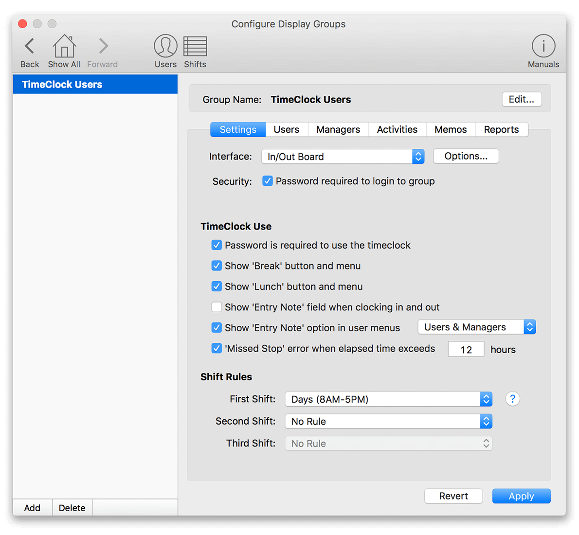 Virtual TimeClock Display Settings